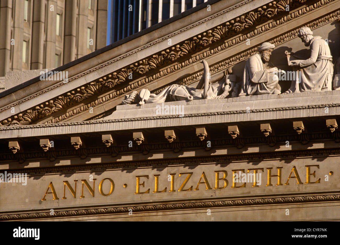 Latin inscription describing the era of Elizabethan rule, a classic neo ...