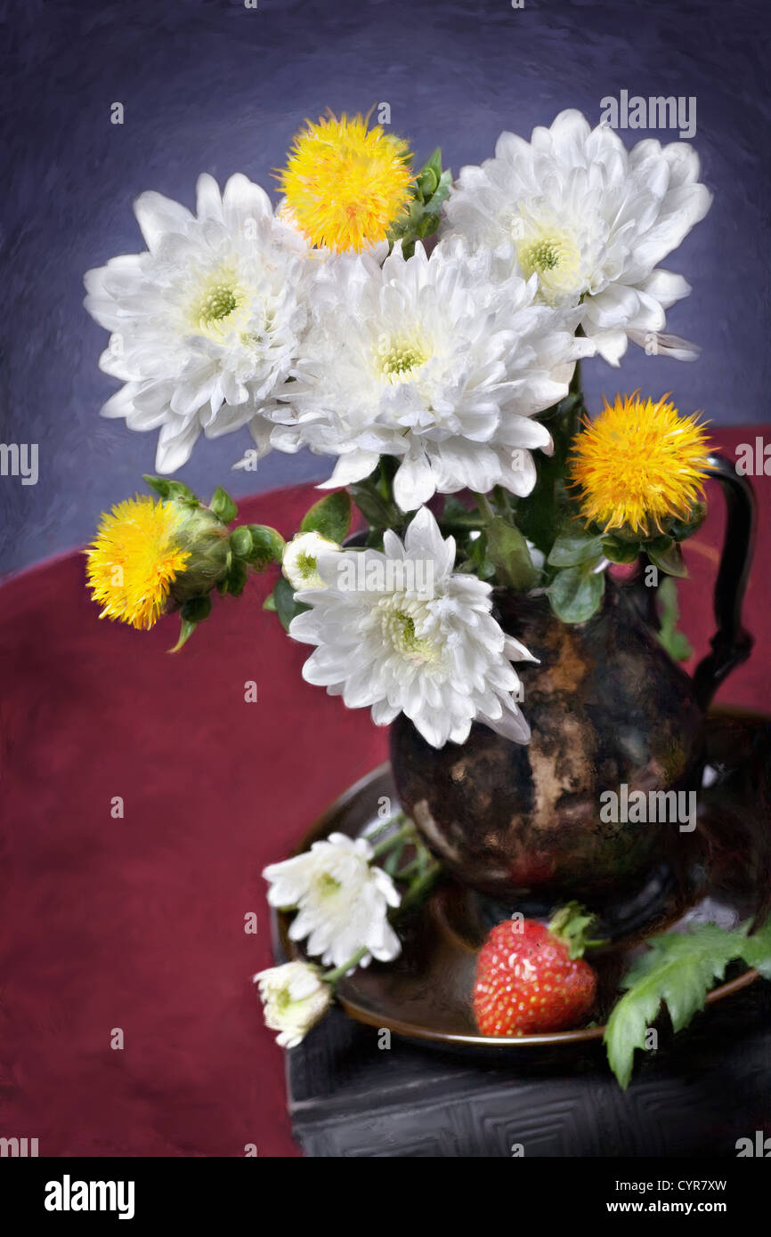 Digitaly painted still life with Chrysanthemum flowers and diverse ...