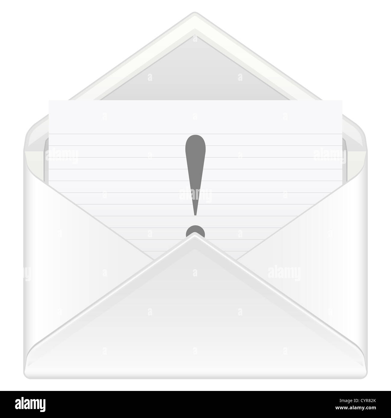 Open envelope containing exclamation mark symbol on a white background ...
