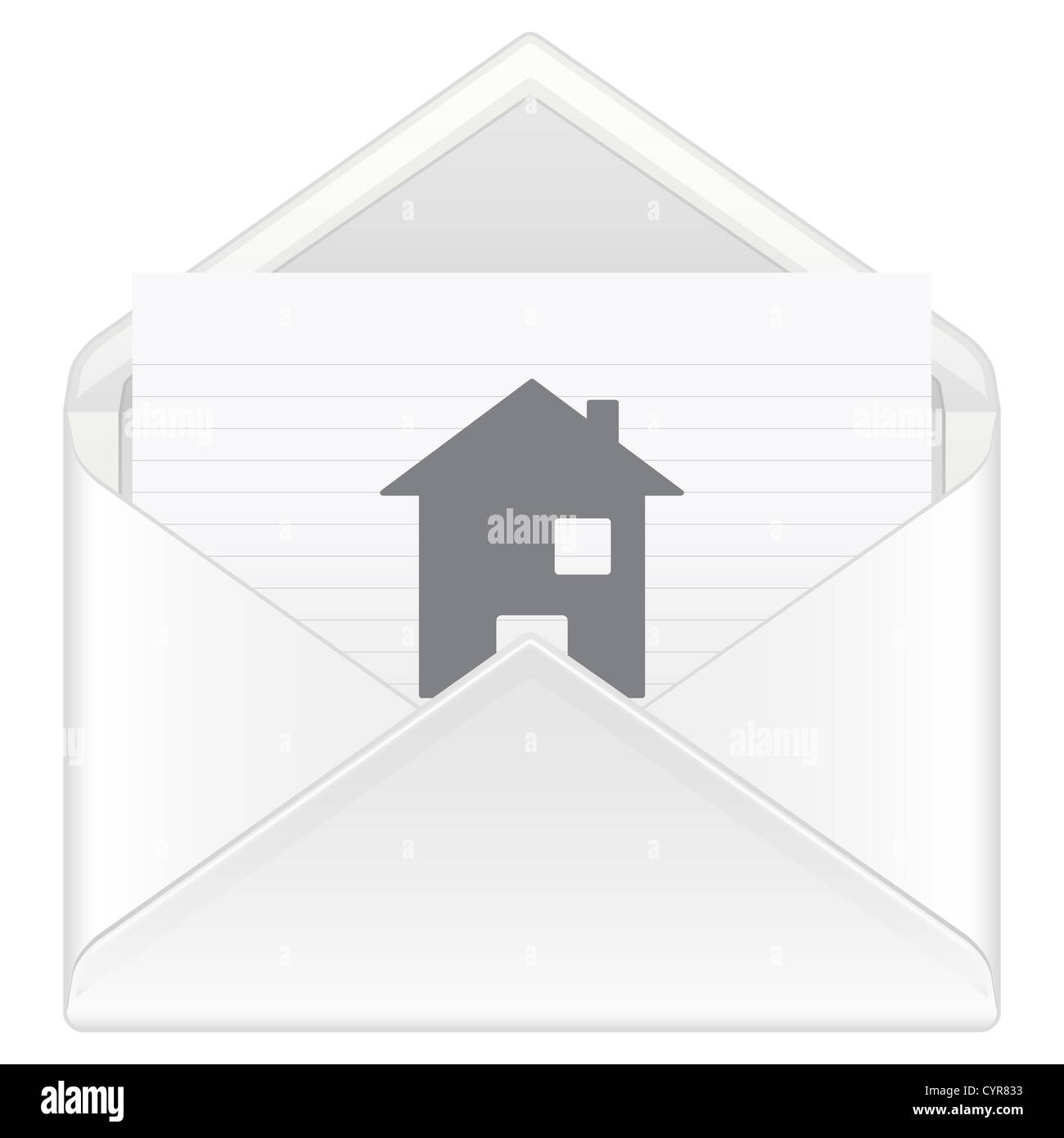 Open envelope containing house symbol on a white background. Vector ...