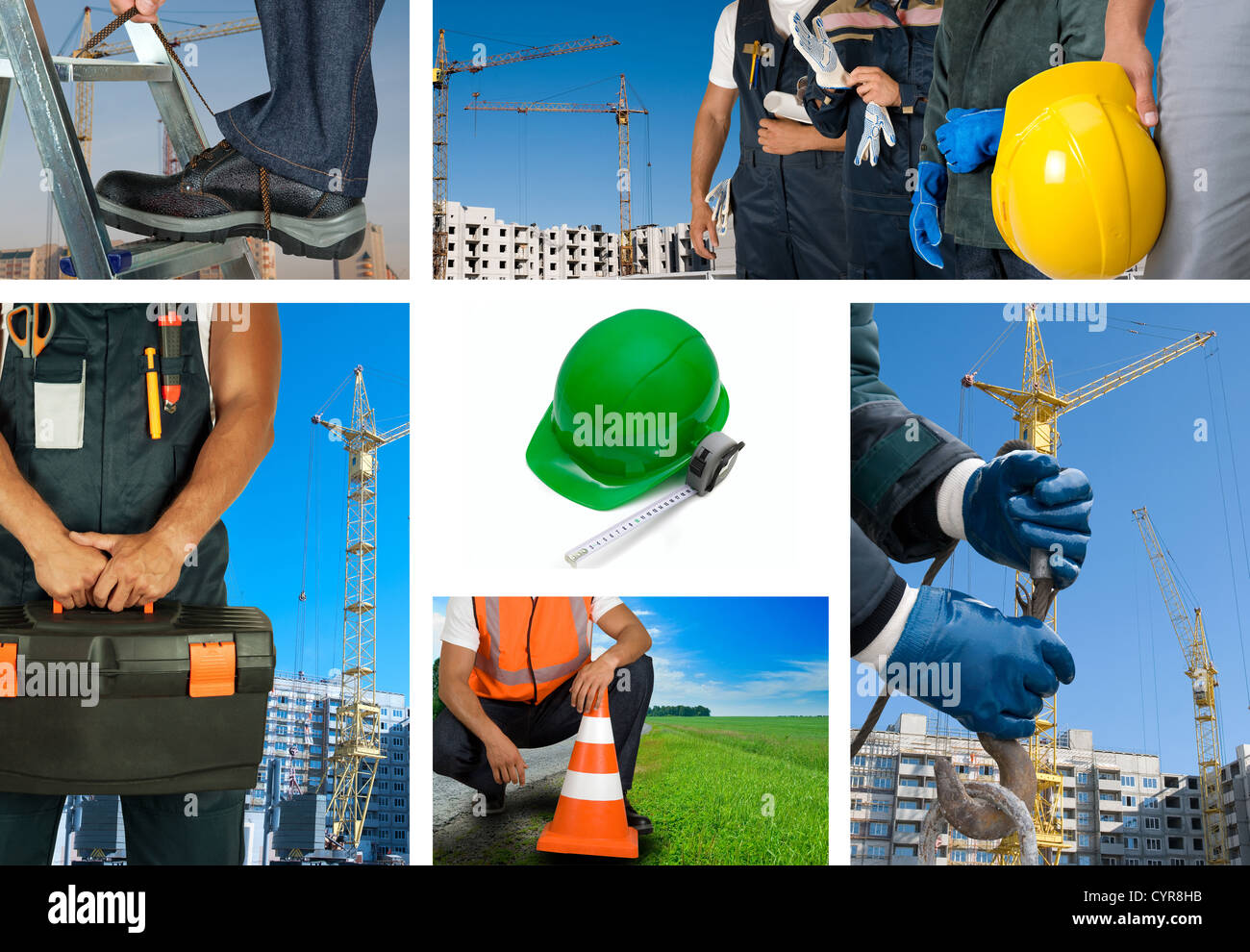 workers with equipment on building background sets Stock Photo - Alamy