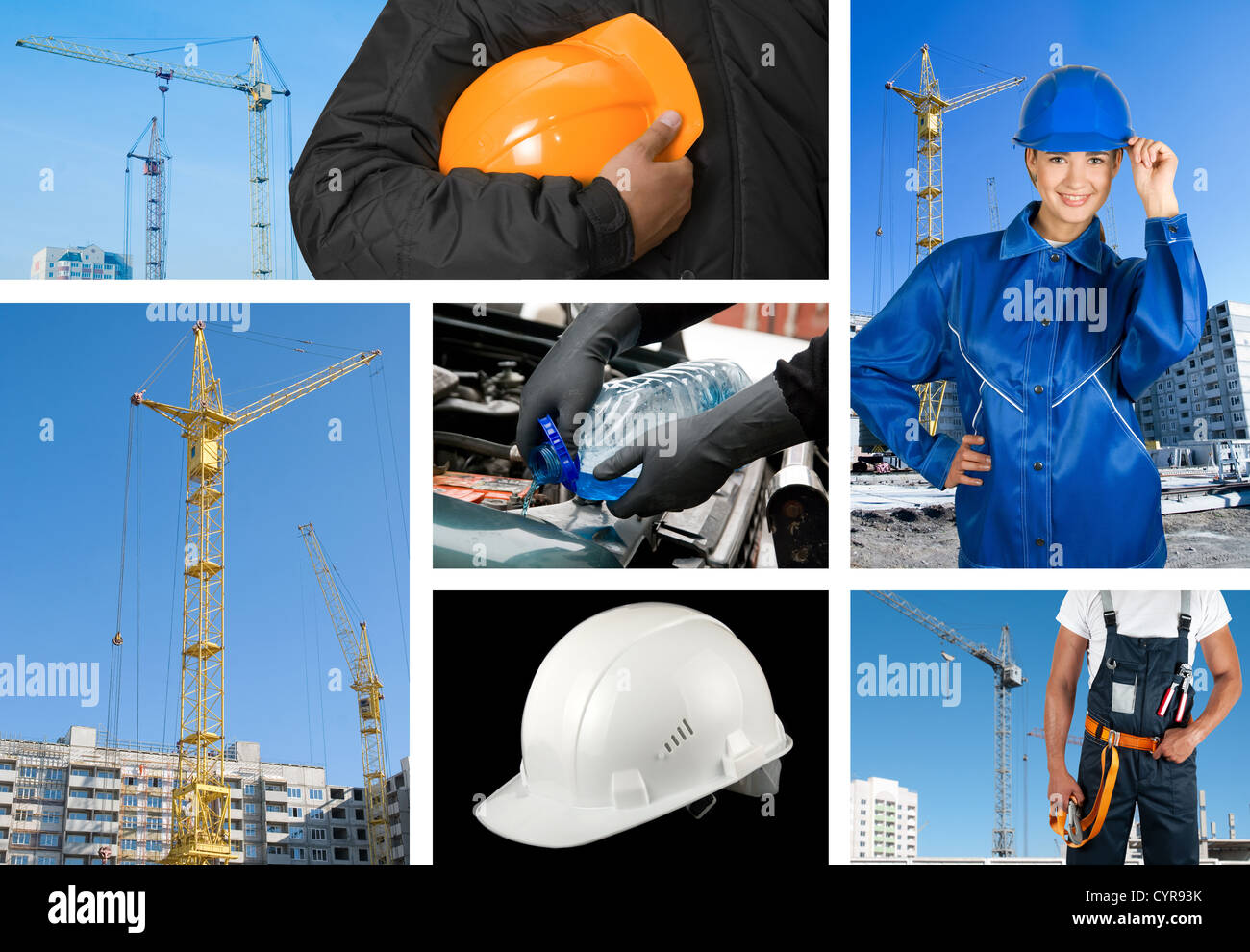 workers with equipment on building background sets Stock Photo - Alamy