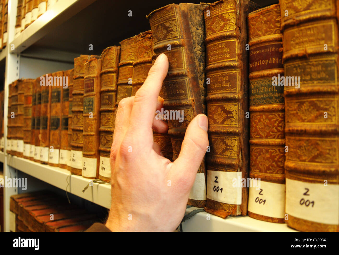 old books in a library with hand showing education concept Stock Photo ...