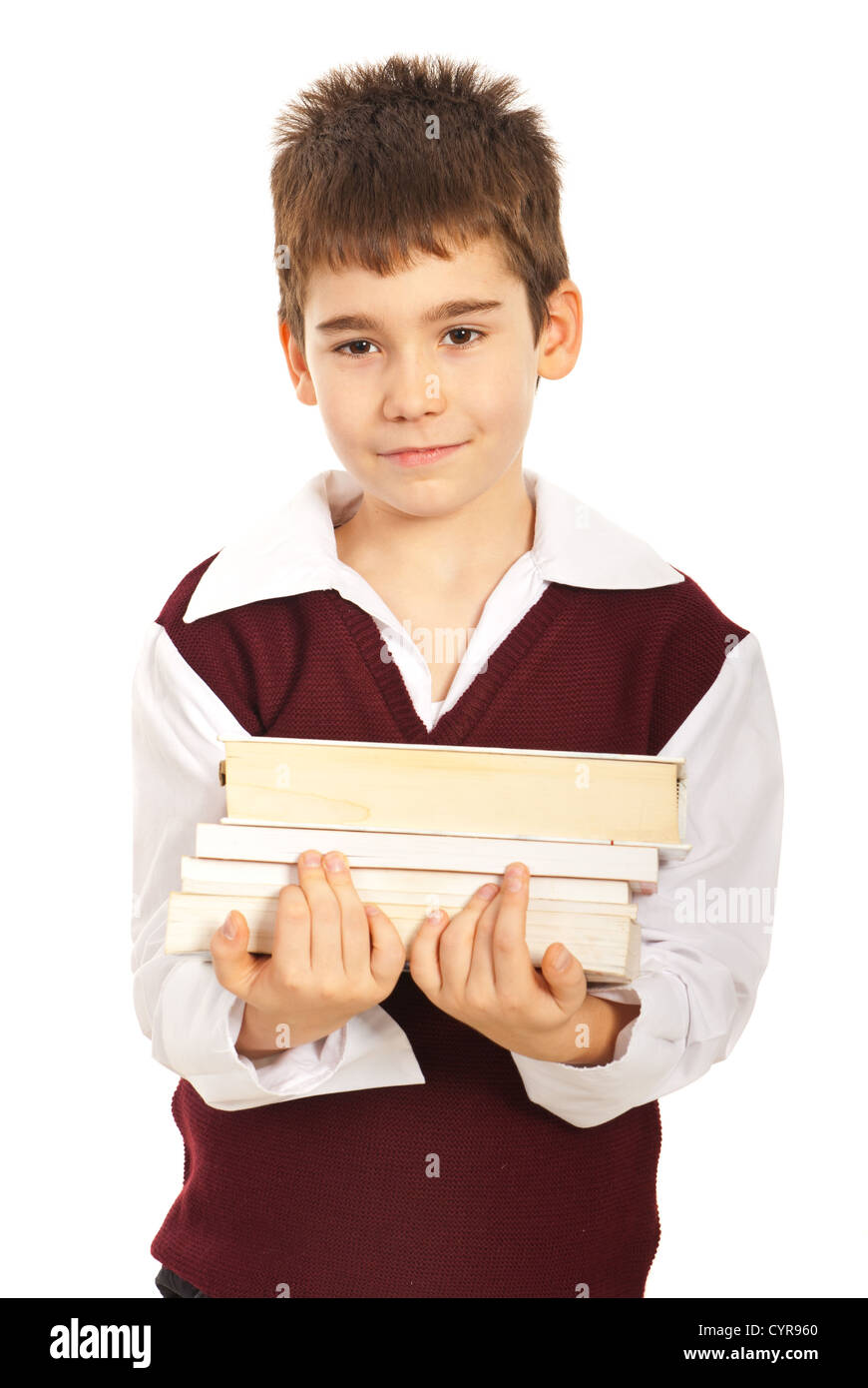 Student boy carrying stack of books isolated on white background Stock ...