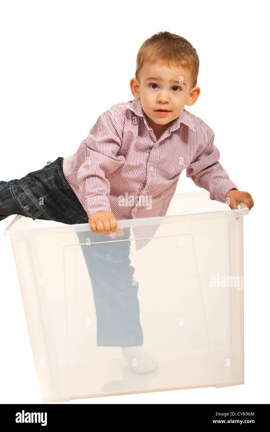 Child boy coming out of the transparent box isolated on white ...