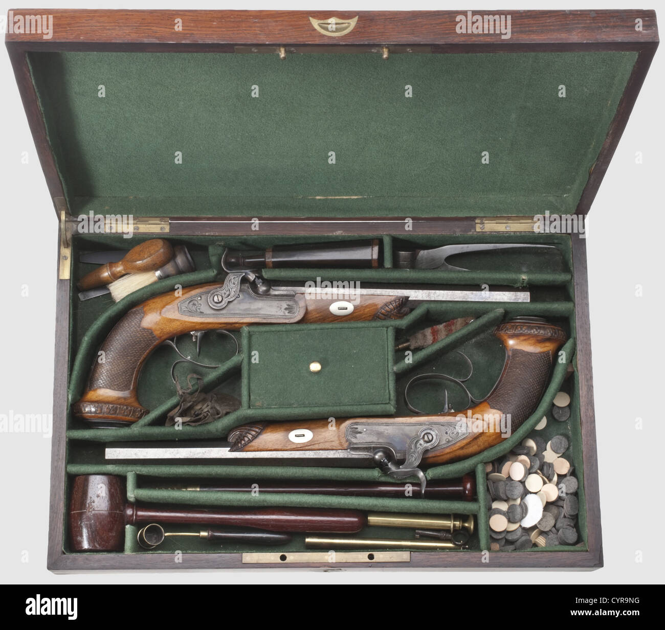 A cased pair of percussion Pistols,French(?),circa 1840. Octagonal ...