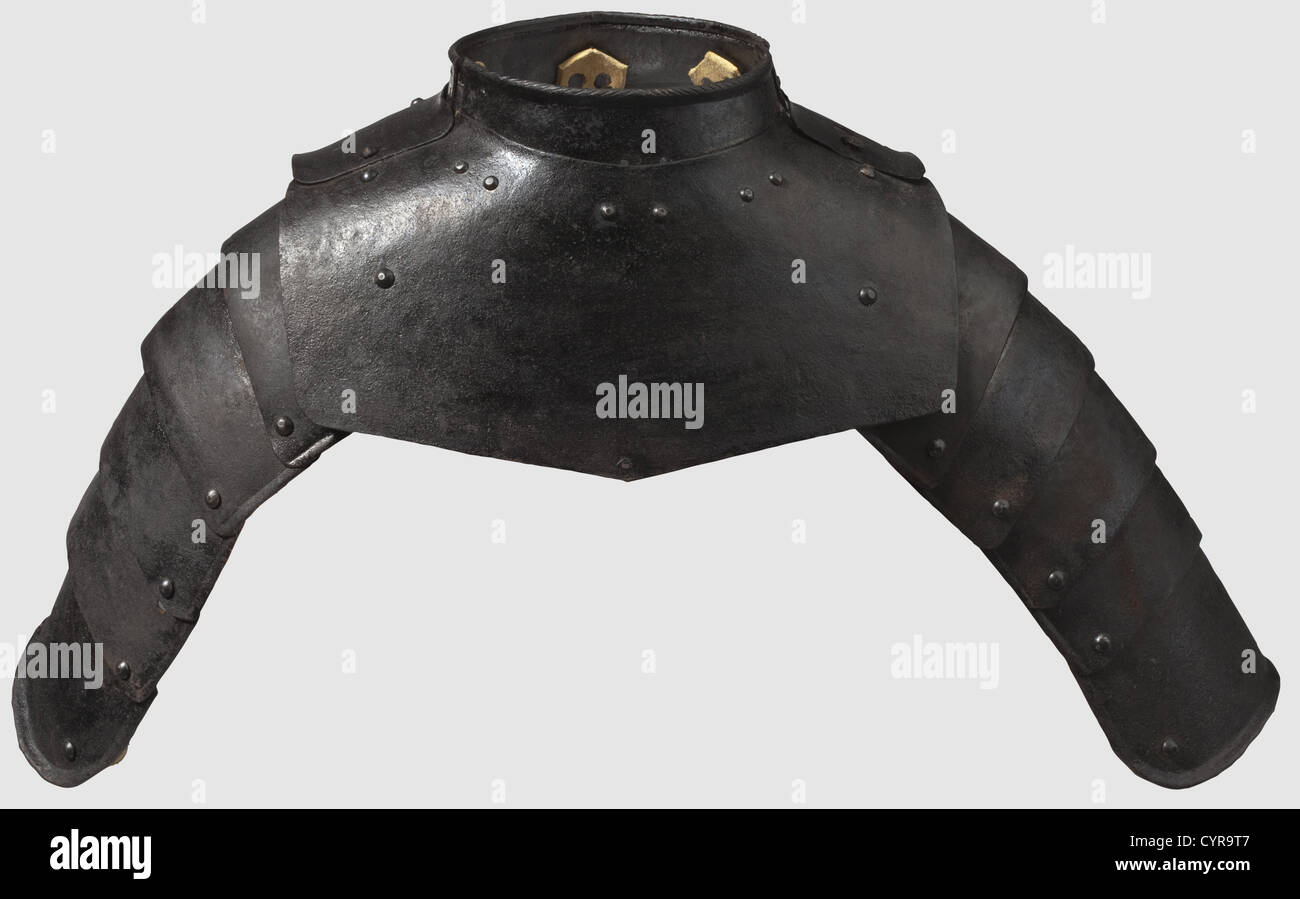 A German gorget and spaulders,late 16th century Hinged gorget of one ...