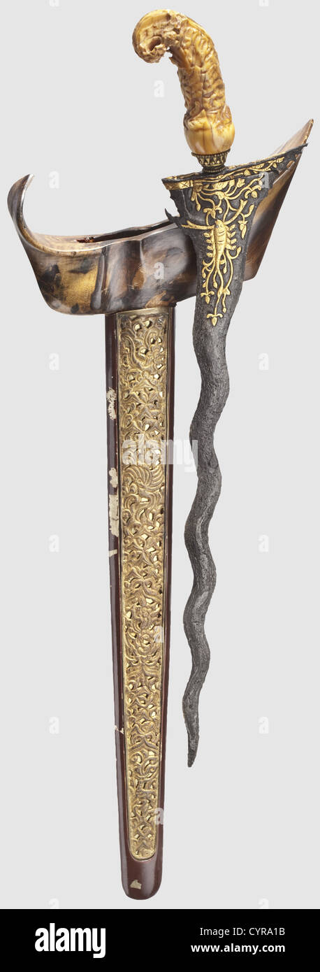 A gold-decorated kris,Madura before 1900 A wavy pamor blade with 11 luk ...