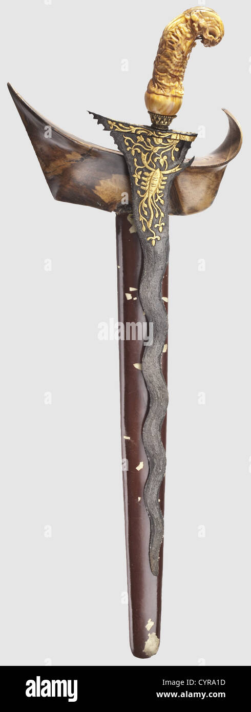 A gold-decorated kris,Madura before 1900 A wavy pamor blade with 11 luk ...