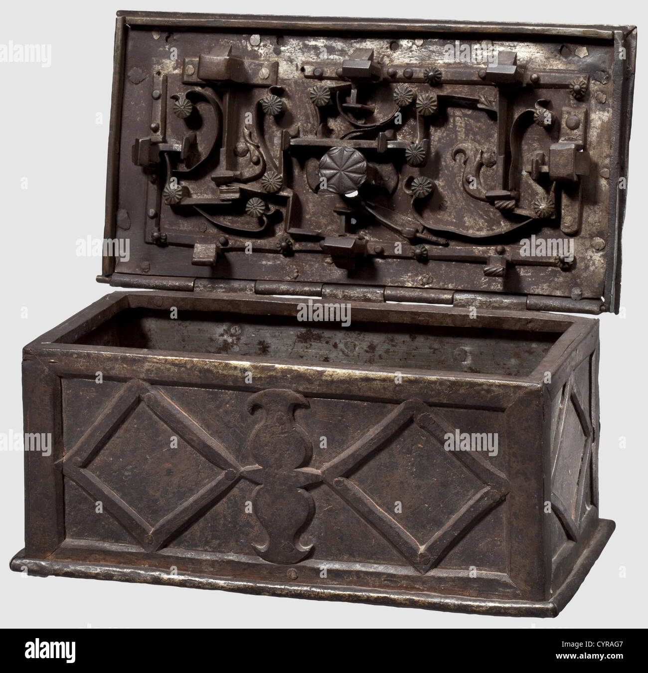 A German iron casket,circa 1600 Rectangular casket of sheet iron with ...