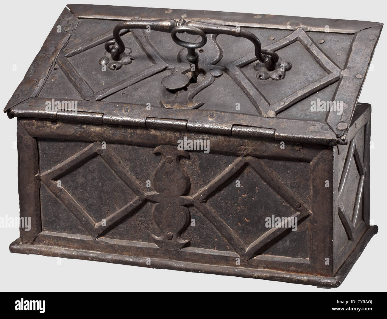 A German iron casket,circa 1600 Rectangular casket of sheet iron with ...