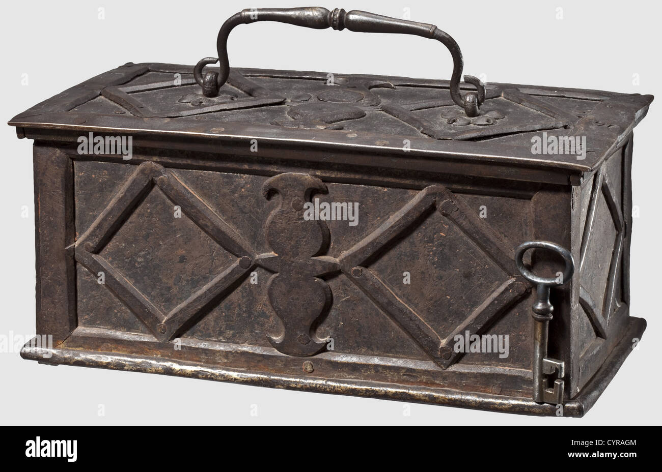 A German iron casket,circa 1600 Rectangular casket of sheet iron with ...