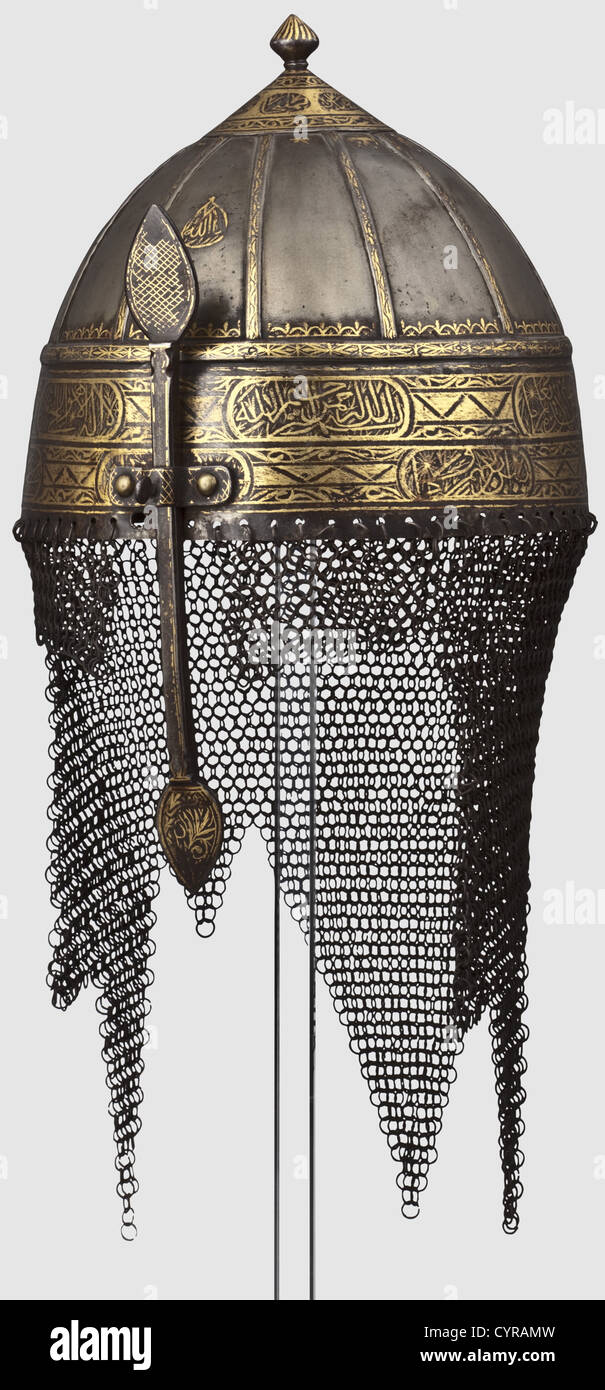 A Persian gold-inlaid kulah khud,17th/18th century Wootz-Damascus skull ...