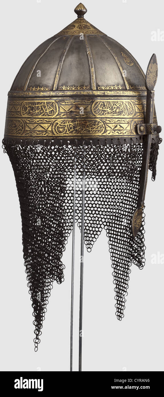 A Persian gold-inlaid kulah khud,17th/18th century Wootz-Damascus skull ...