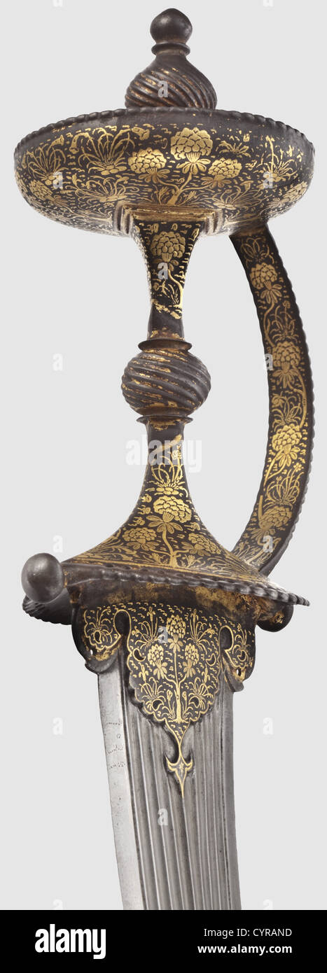 An Indian gold-inlaid chilanum,17th century Curved blade with fine ...