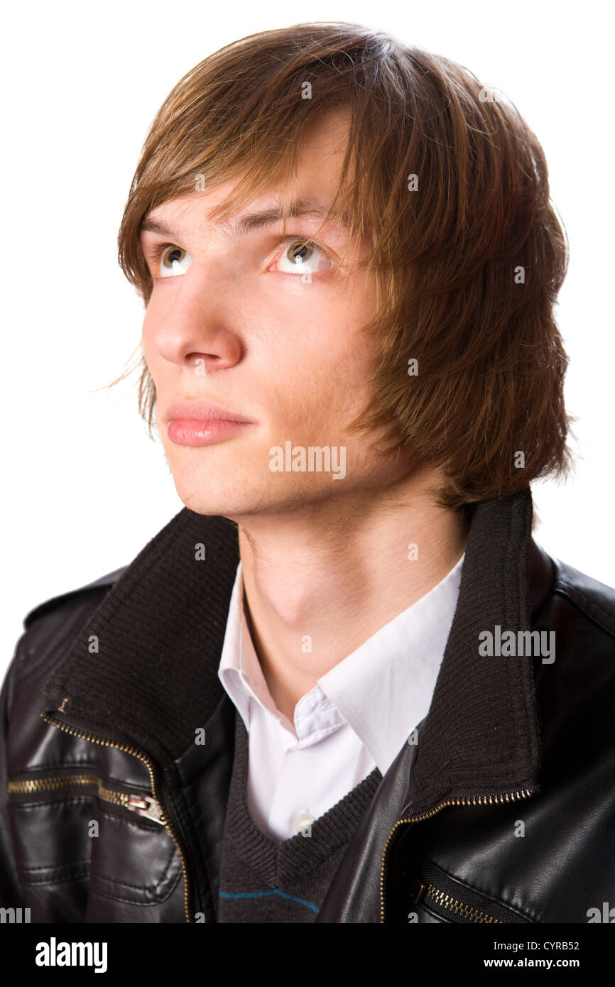 Portrait of Young man looking up for help isolated Stock Photo - Alamy