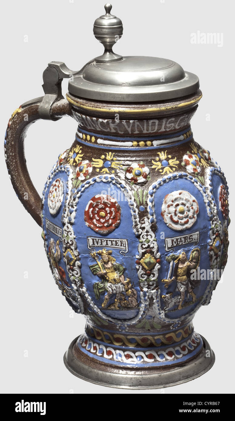 A planetary tankard,Creussen,dated 1668 A round bellied,brown stonewear ...