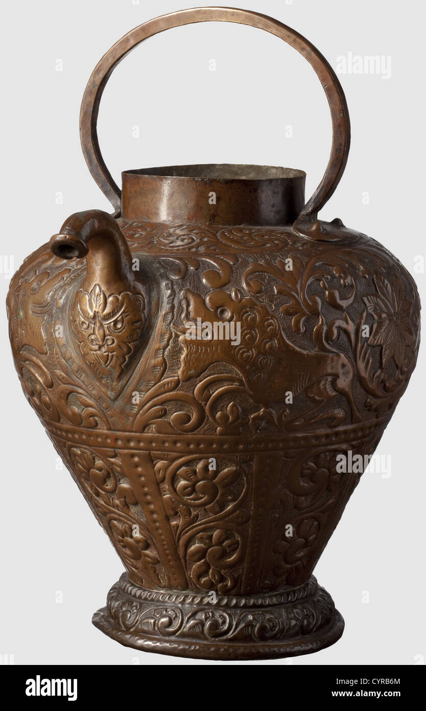 A large North Italian wine jug, 17th century Bellied copper jug with ...