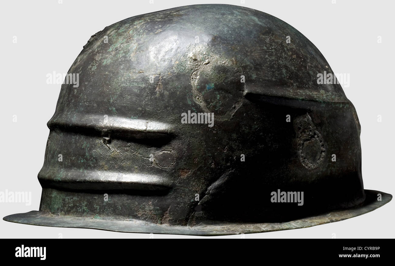A Late Celtic helmet,1st century B.C.Bronze calotte made in one piece ...