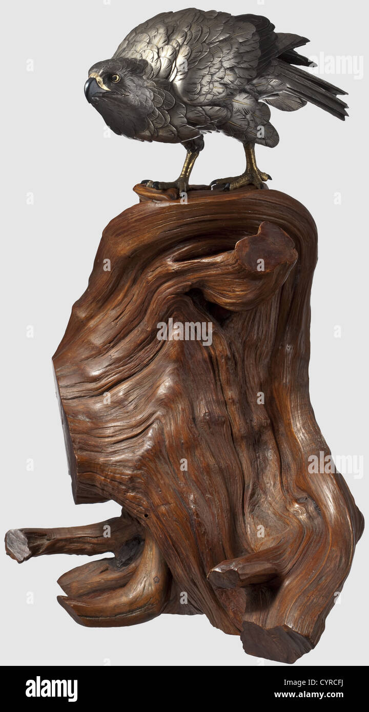 A falcon on a perch, Japan, Meiji period Naturalistic bronze figure of ...