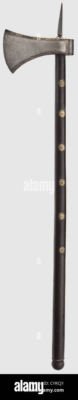 An Indian gold-inlaid axe, 18th century Fine wootz-Damascus axe head ...