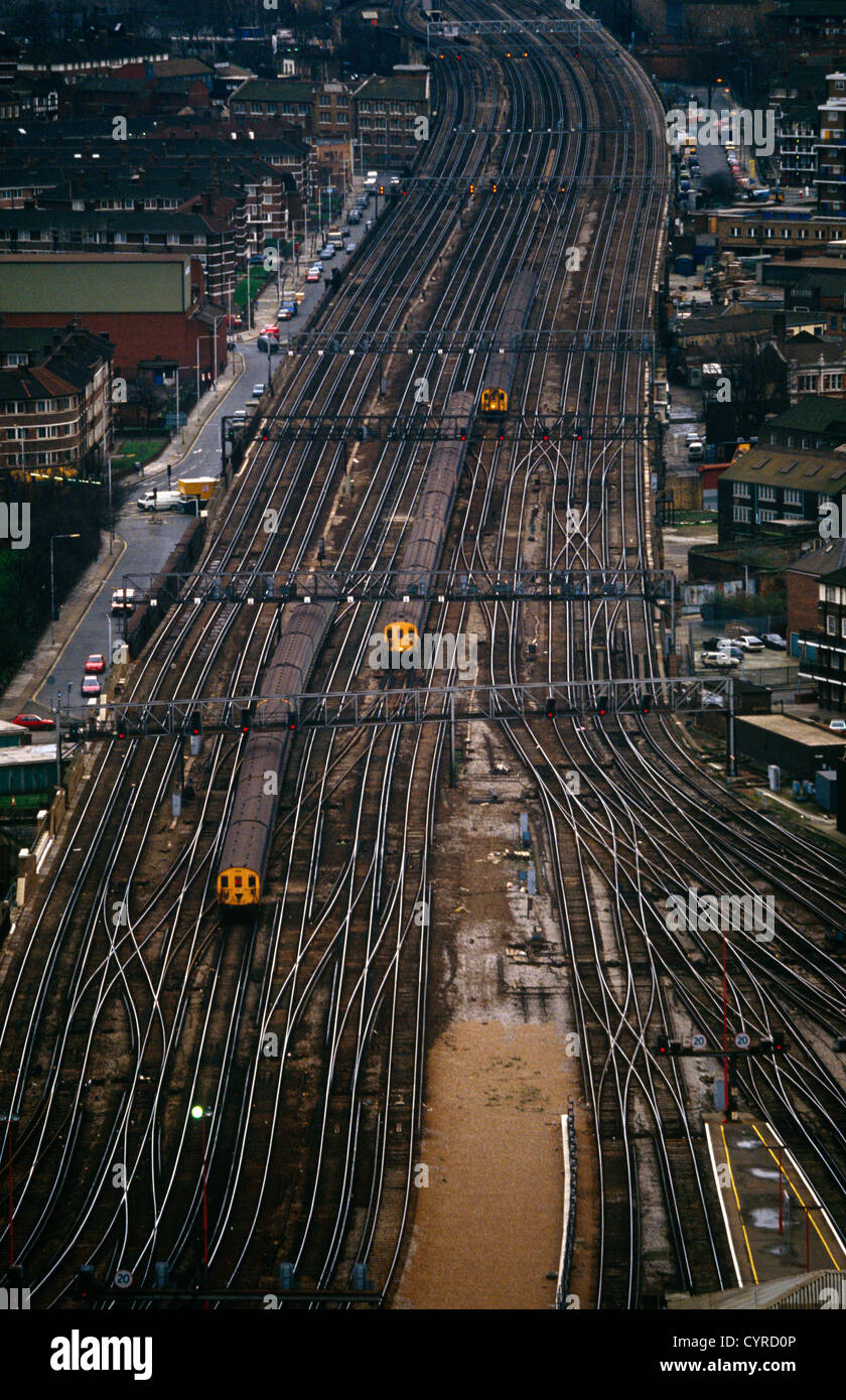 An aerial landscape view of a railway network whose tracks and rails ...