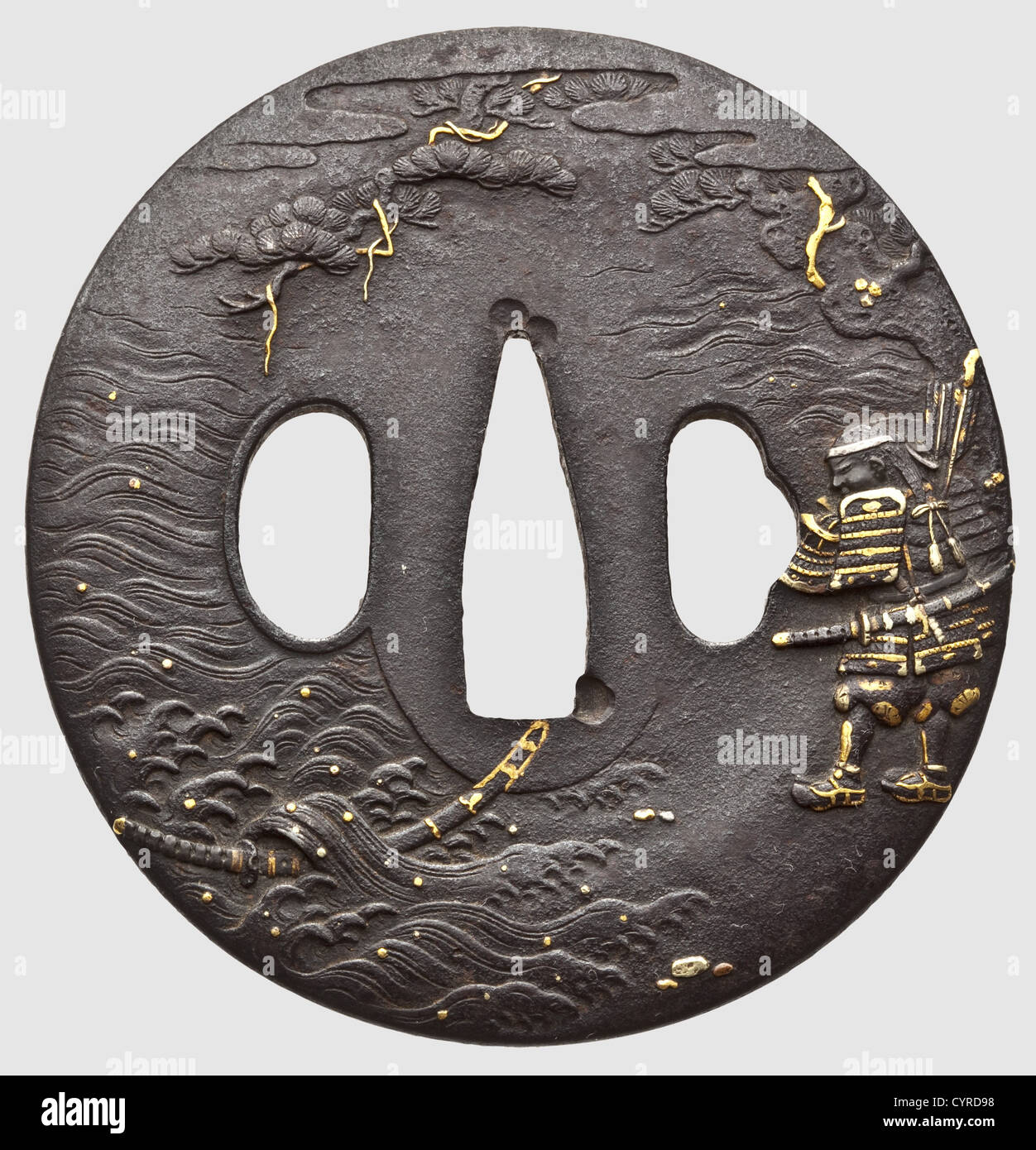 A tsuba, Japan, mid-Edo period Iron tsuba of circular form depicting ...