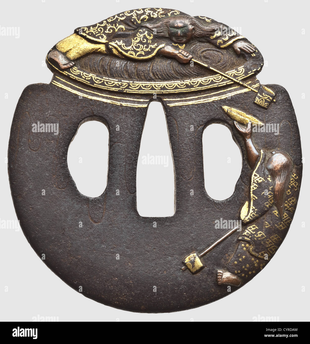 A tsuba, Japan, mid-Edo period Iron tsuba in the form of a sake barrel ...