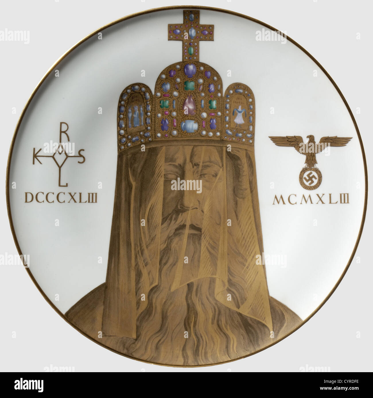 Glazed porcelain with a gold etched portrait of the emperor charlemagne ...