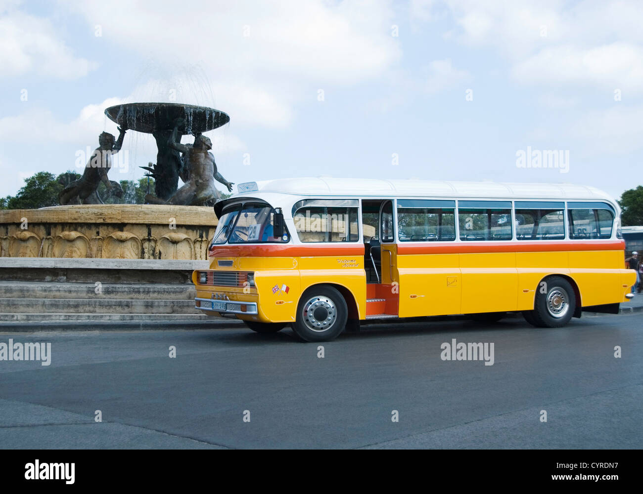 Bus in front of a fountain, Triton Fountain, Valetta, Malta Stock Photo ...