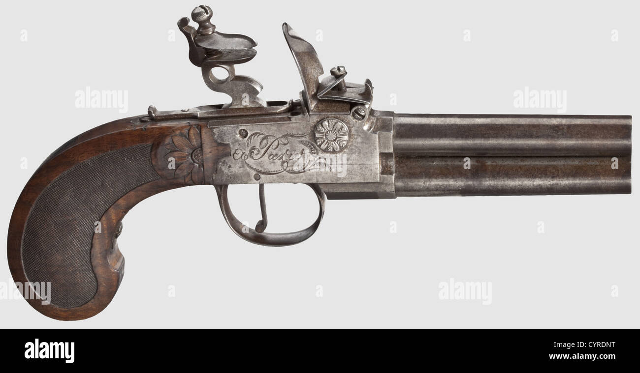 A double-barrelled flintlock pocket pistol,circa 1810. Over-and-under ...