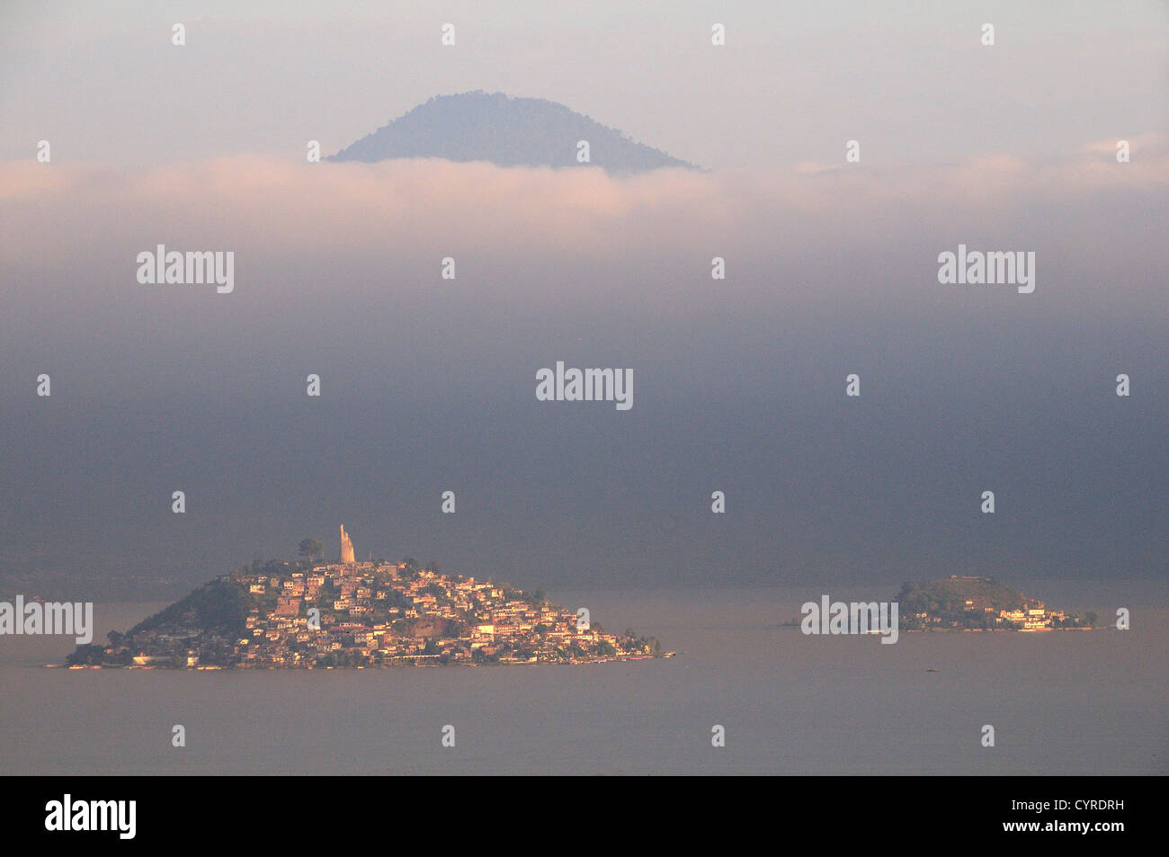 Mexico, Michoacan, Patzcuaro, Early morning misty view of Lago ...