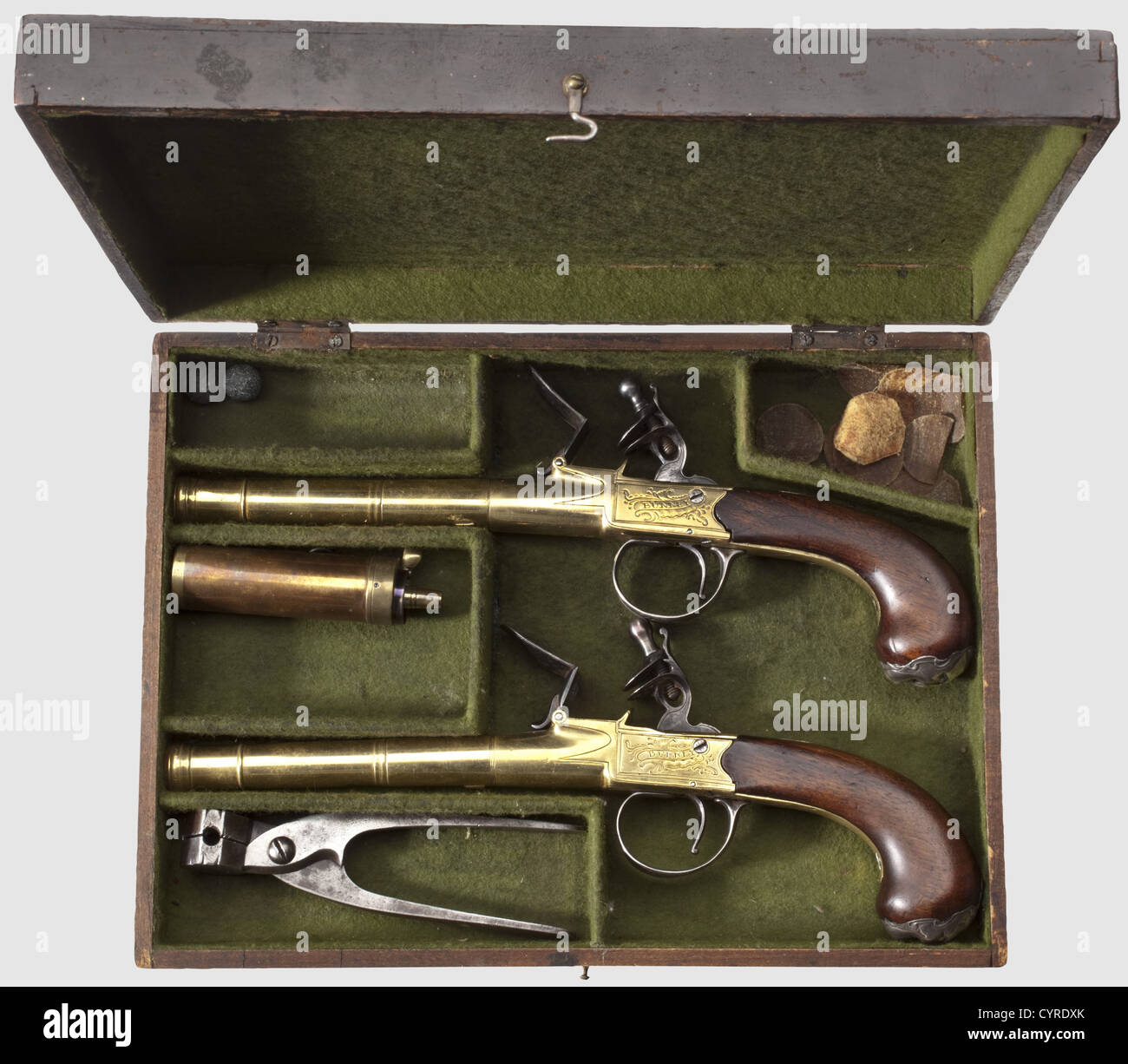 A cased pair of flintlock pistols of 'Queen Anne' type,Bunney ...