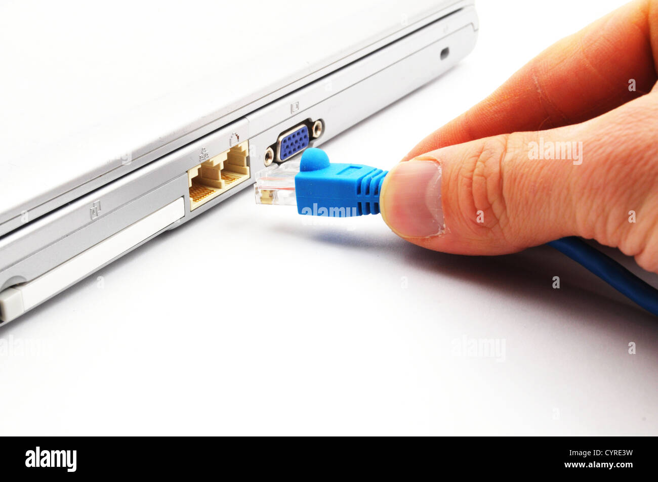 hand laptop and network connector showing lan or internet communication ...