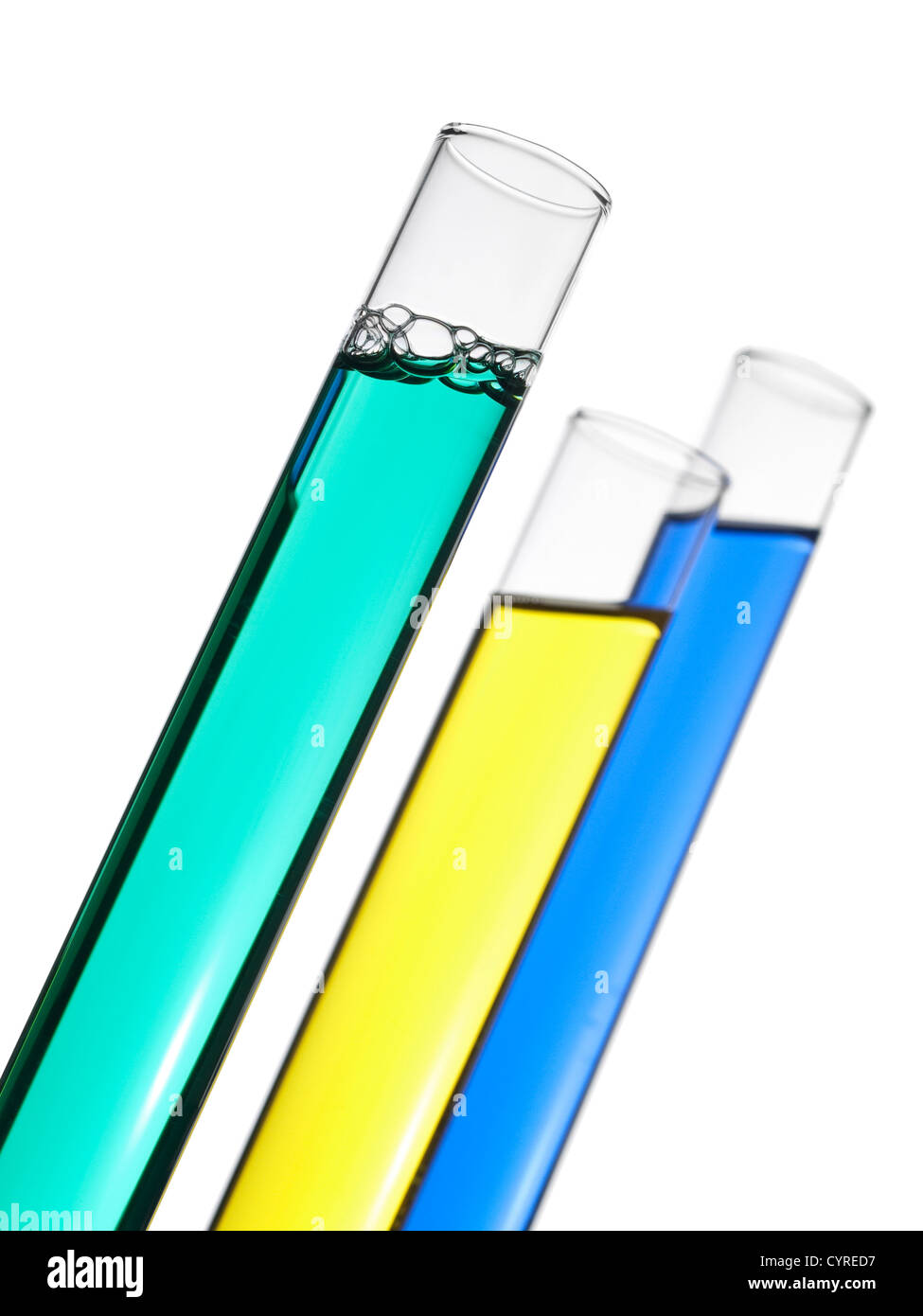 Three test tubes filled with colored liquids. Isolated on white Stock ...