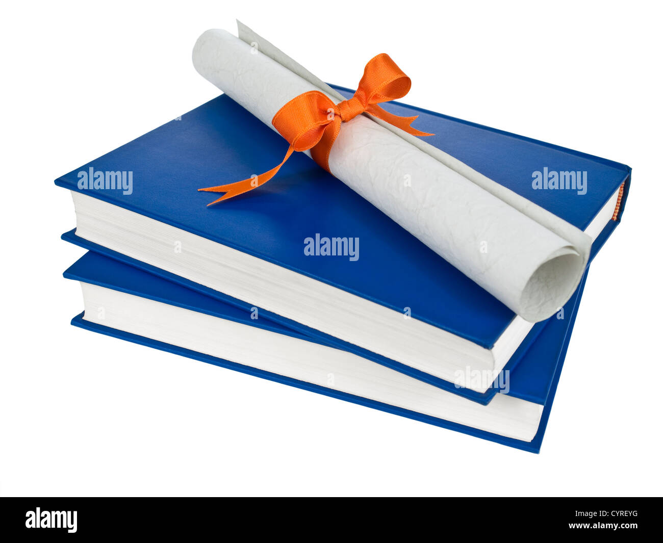A diploma with orange ribbon over blue books. Isolated on white Stock ...