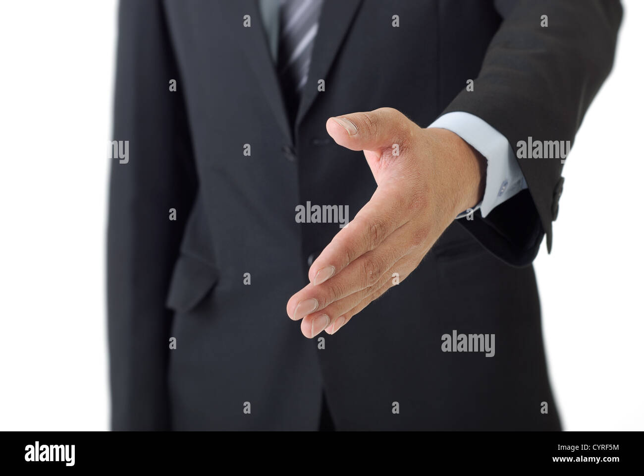 Closeup of young business man's hand greeting you , isolated on white ...