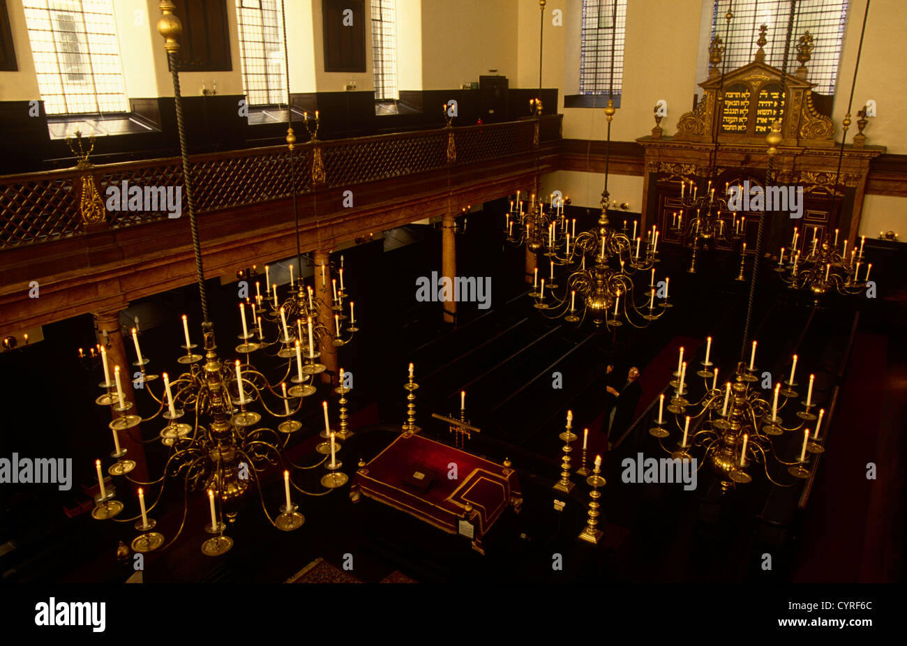 Aerial view of a Rabbi as he the last candles before the next service ...
