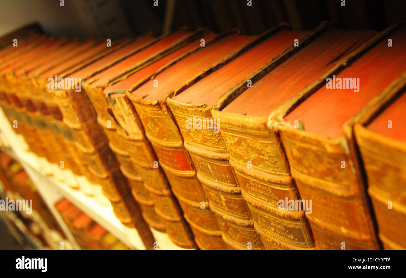 old yellow vintage books in library showing education concept Stock ...