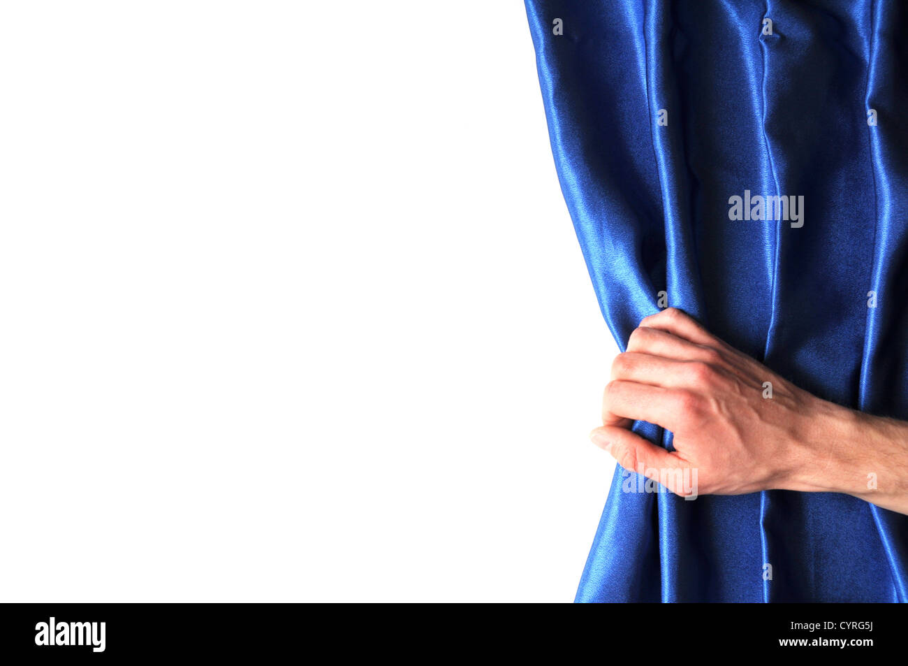 curtain hand and blank white background with copyspace Stock Photo - Alamy