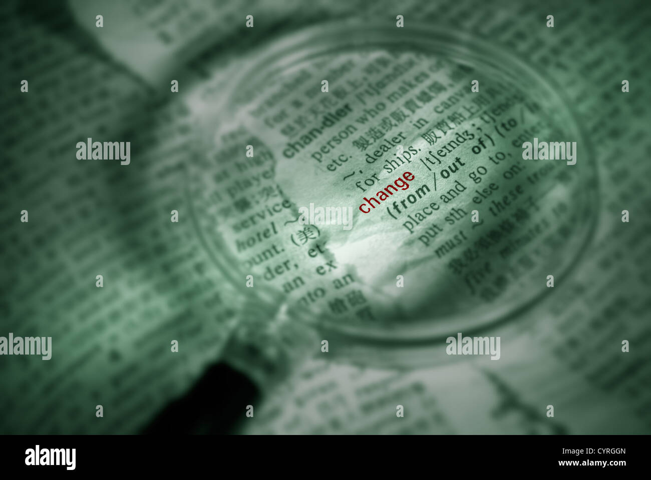 Find word of change in papers with magnifier in green color Stock Photo ...