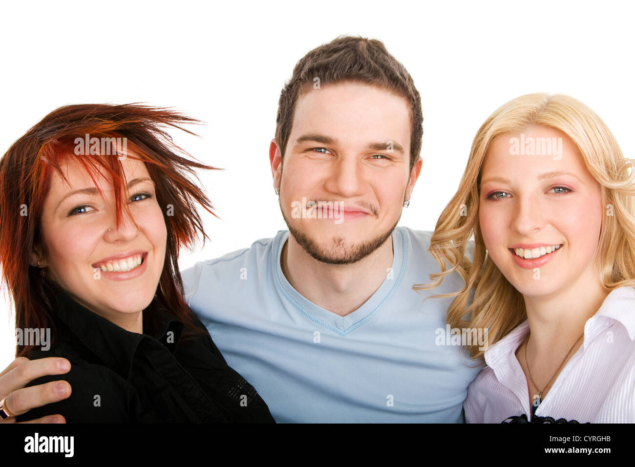 Happy three friends on isolated white background Stock Photo - Alamy