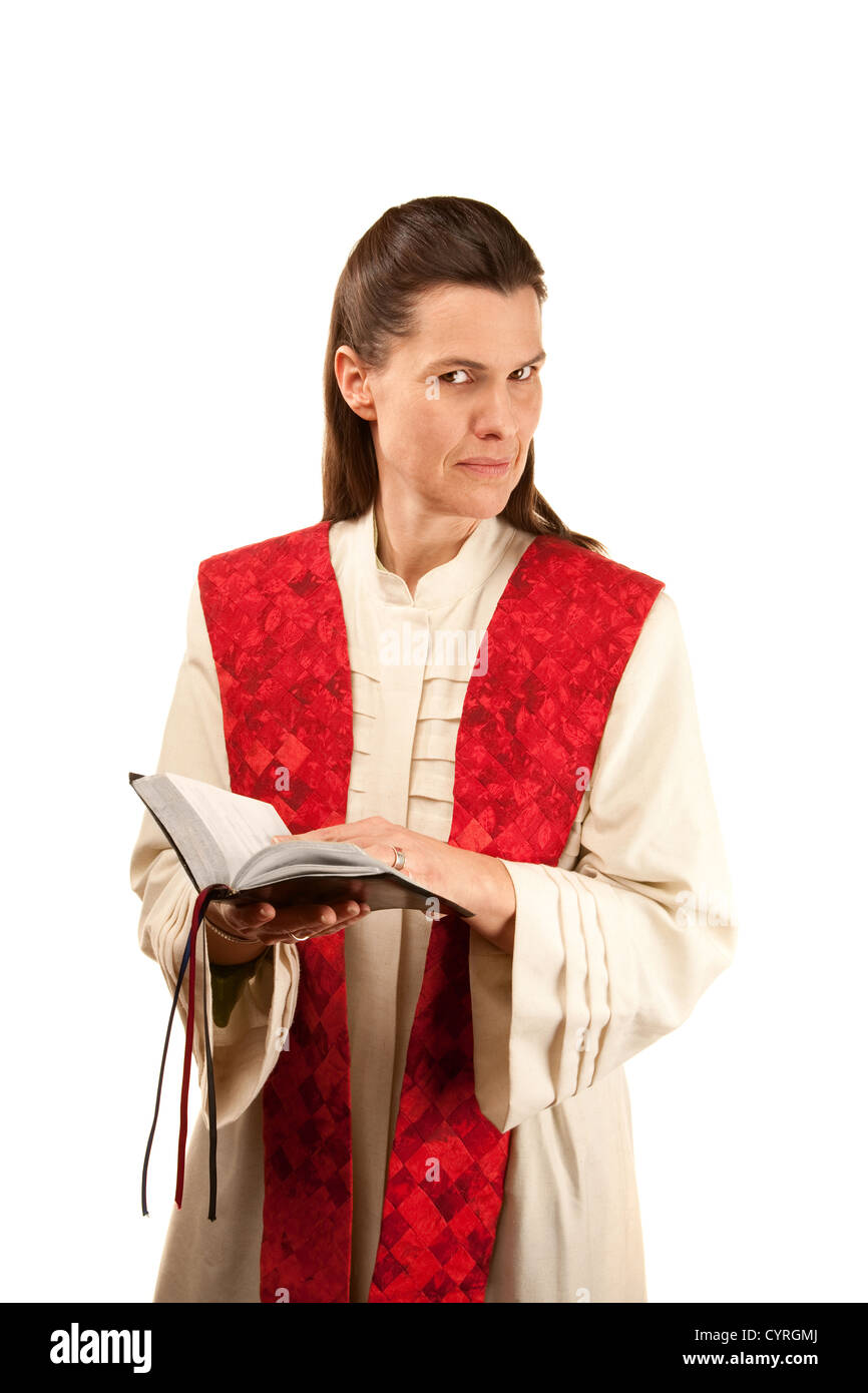 Female preacher with Bible and holy garments Stock Photo - Alamy
