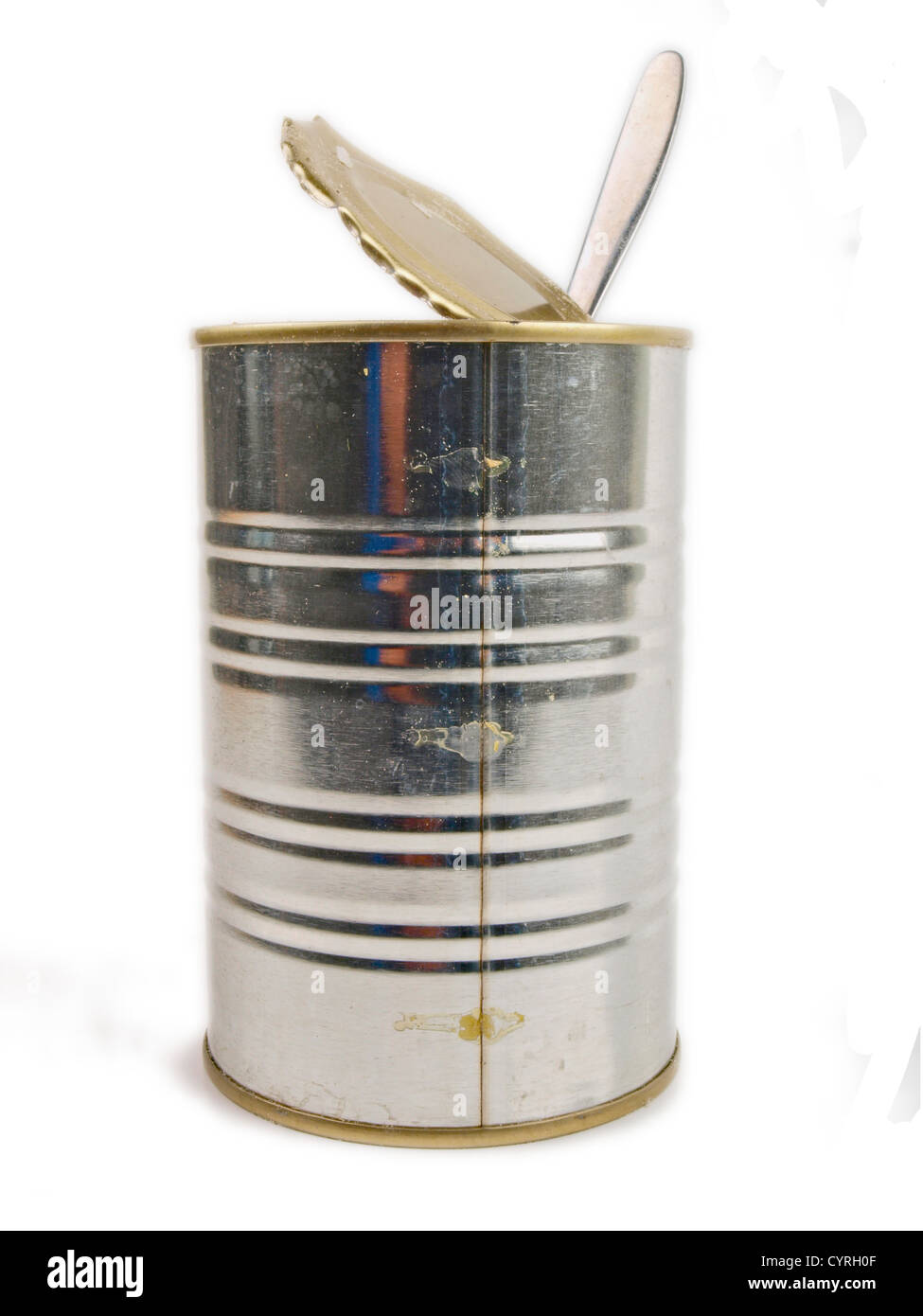 Empty tin can. Close up on white background Stock Photo - Alamy