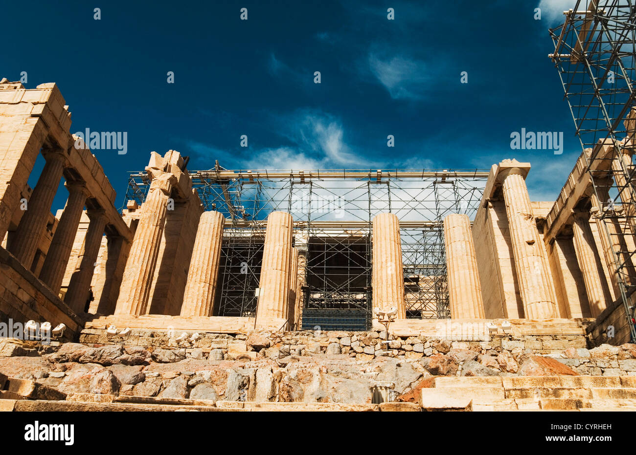 Ruins of an ancient gateway under renovation, Propylaea, Acropolis ...