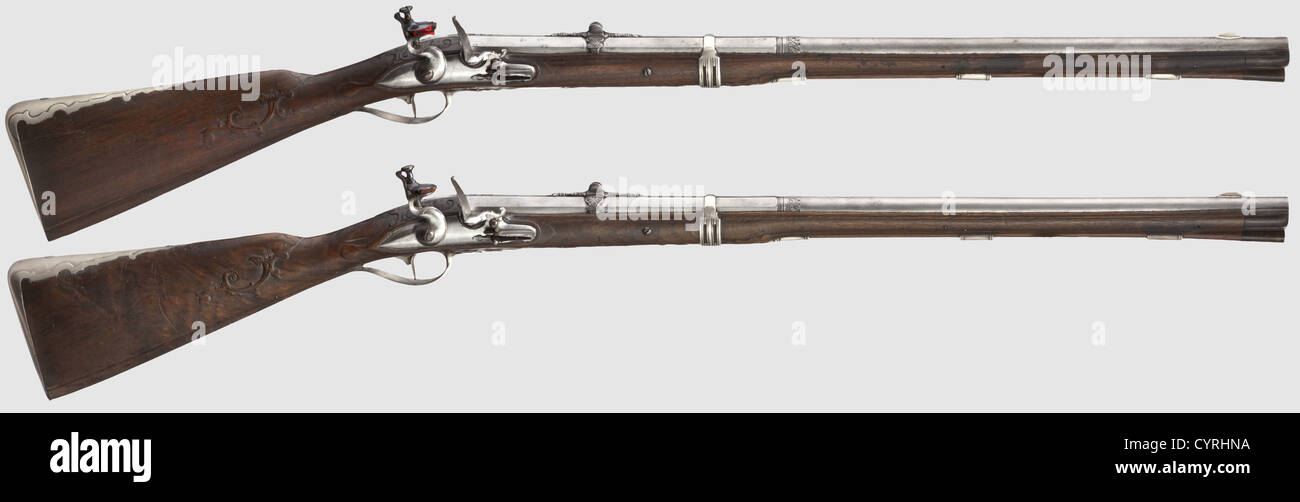 A pair of flintlock carbines,circa 1760. Older,rifled two-stage barrels ...