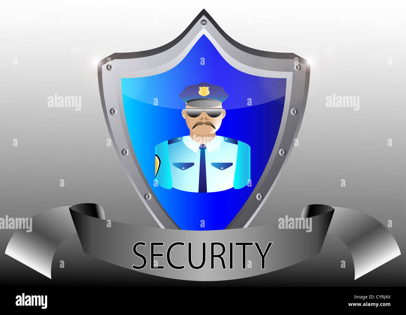 security policeman in uniform and goggles vector illustration in button ...