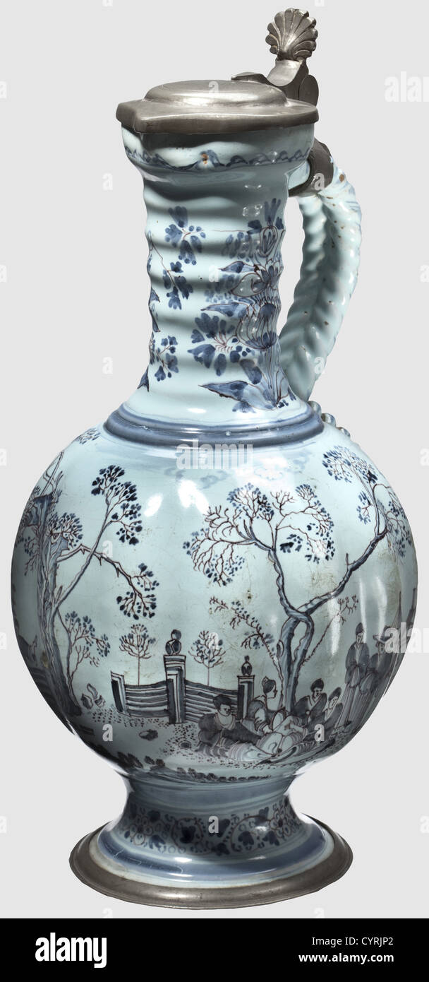 A narrow-neck faience jug,Hanau,circa 1730/40 Pear-shaped jug glazed in ...