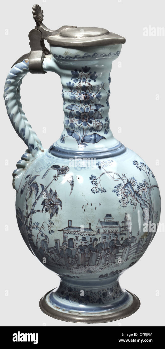 A narrow-neck faience jug,Hanau,circa 1730/40 Pear-shaped jug glazed in ...