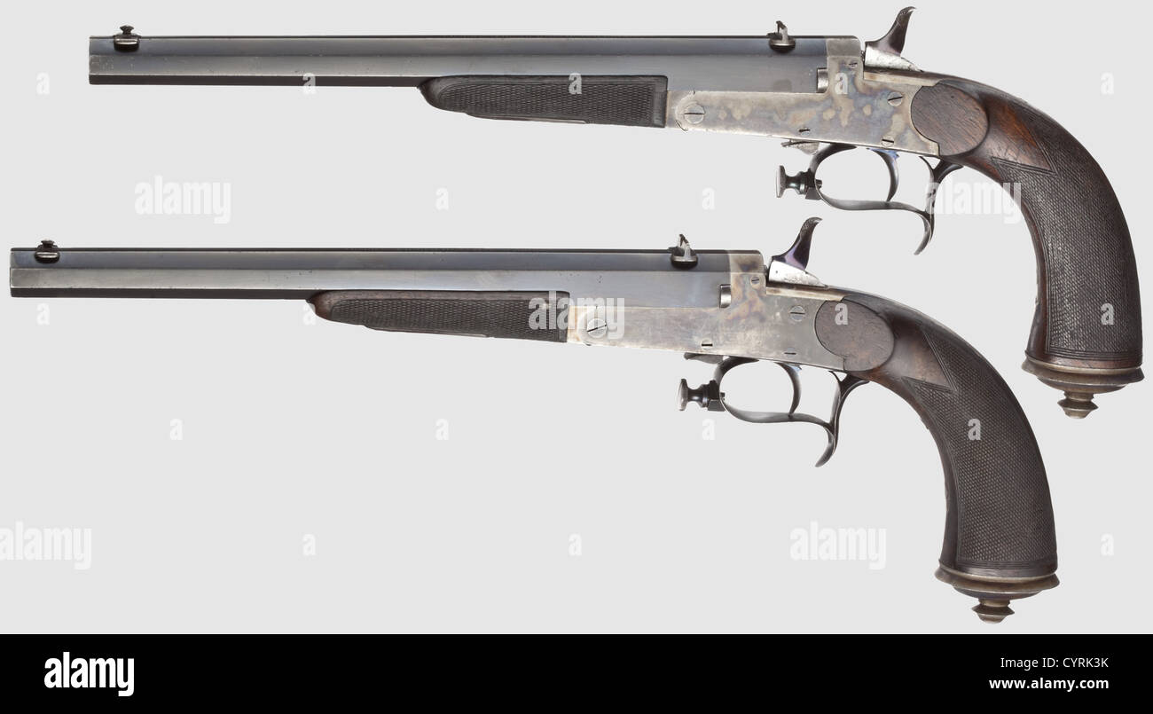 A rare pair of duelling practice pistols,Devillers action,St.Etienne ...